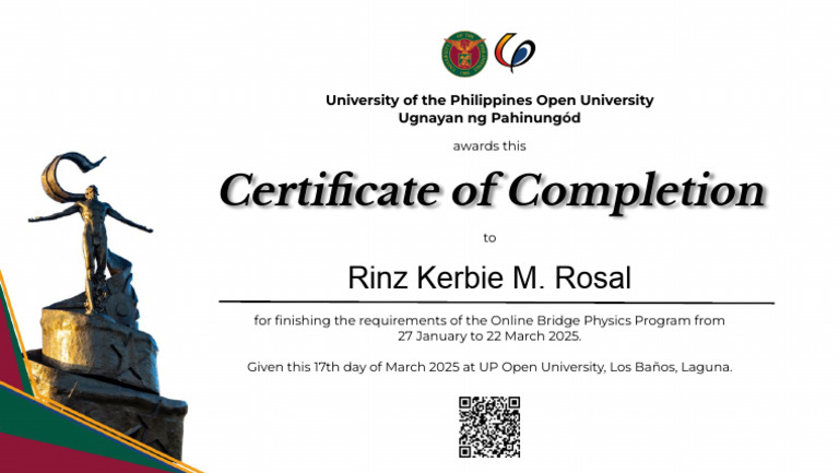 UP Open University Physics Program Certificate | PDF