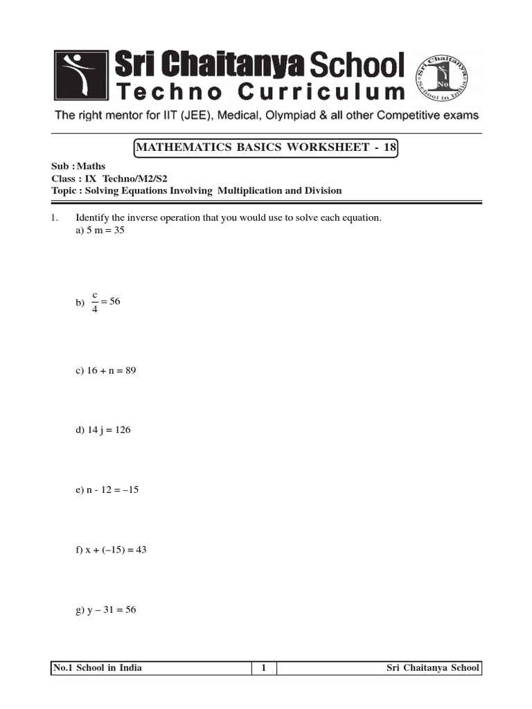 CBSE IX Maths Worksheet on Equations | PDF