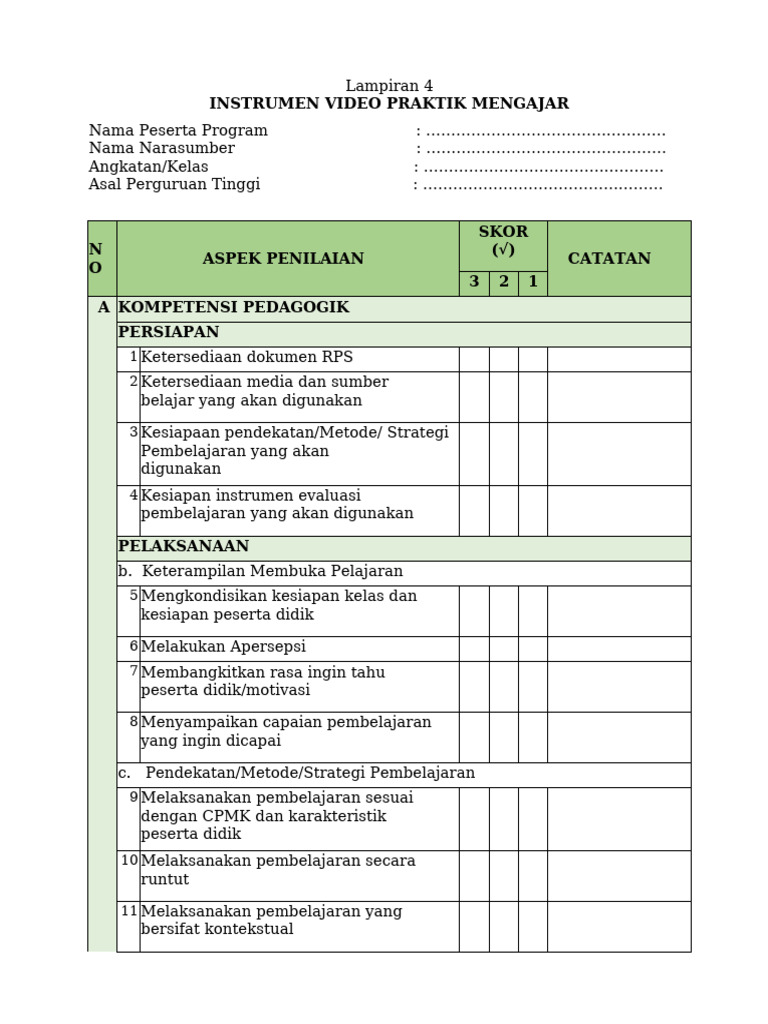 Instrumen Penilaian Penilaian Video Mengajar | PDF