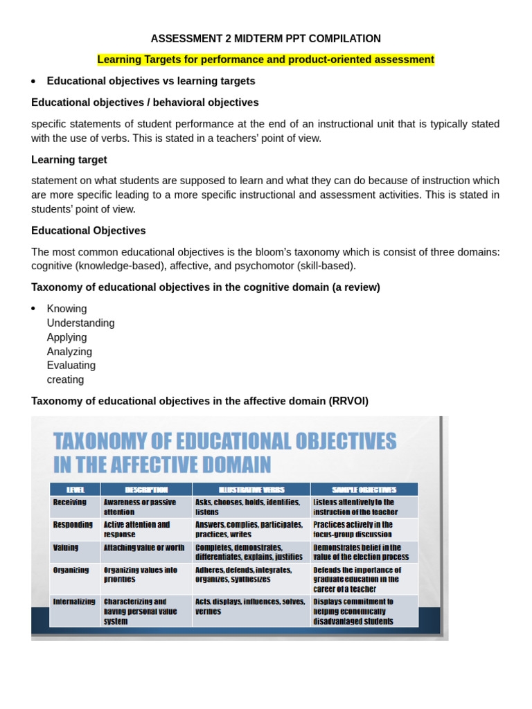 Midterm Assessment Learning Targets | PDF | Learning | Psychological ...