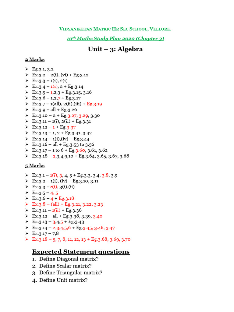 2020 Maths Study Plan Chapter 3 (Topper) | PDF