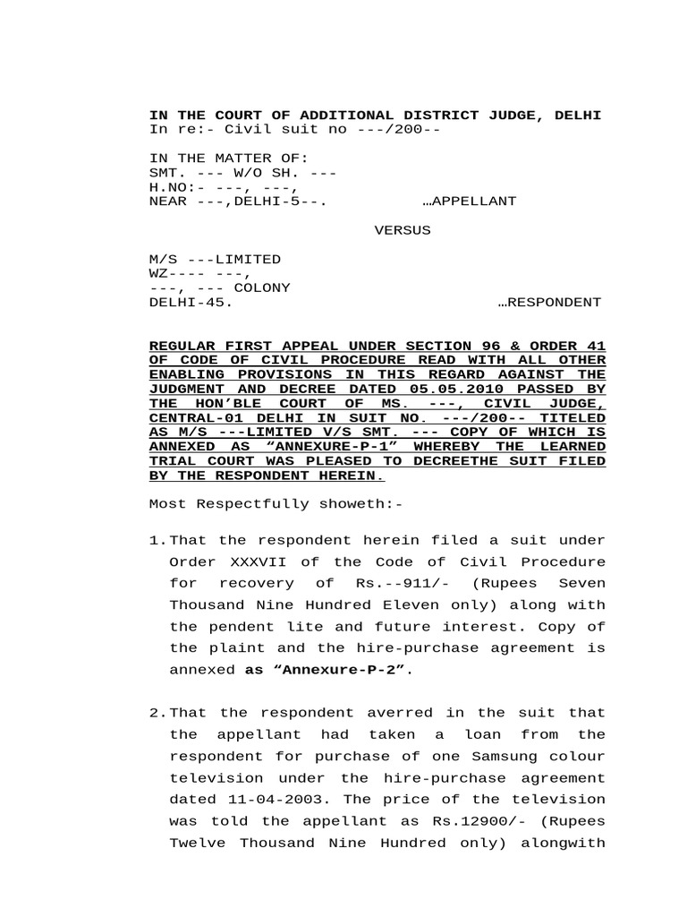 Memorandum of Civil Appeal Before District Court | PDF | Lawsuit ...