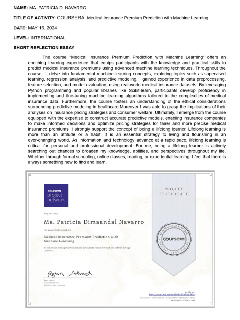 COURSERA - Medical Insurance Premium Prediction With Machine Learning | PDF