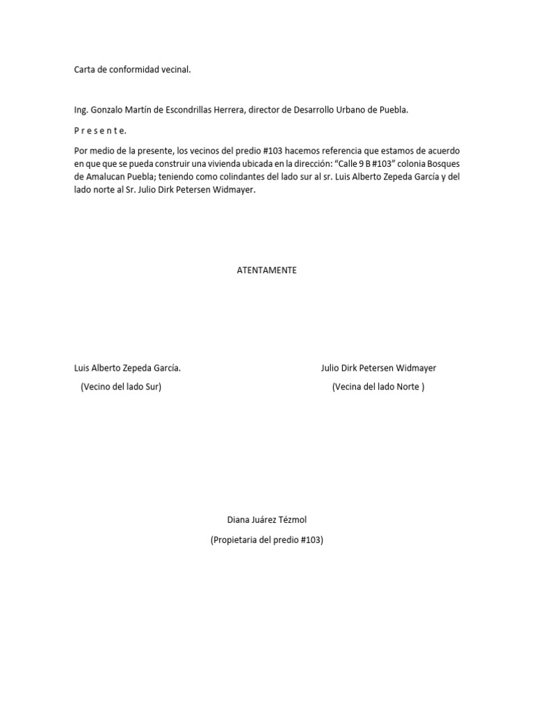 Carta de Conformidad Vecinal | PDF