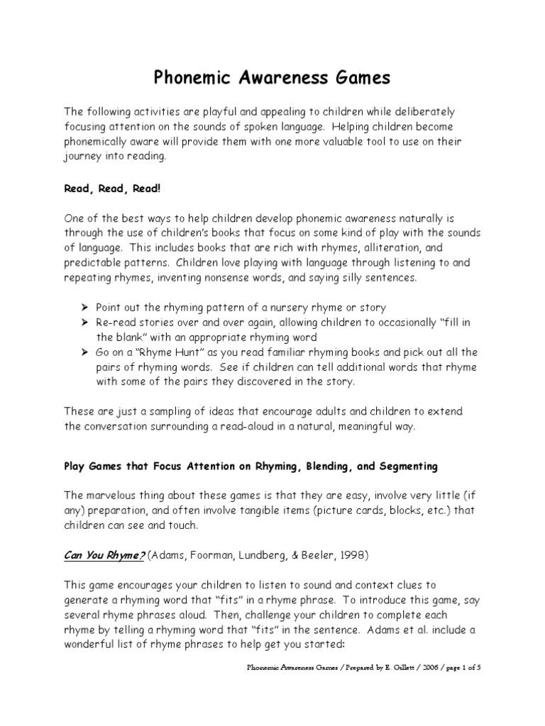 Phonemic Awareness Games Guide | PDF | Rhyme | Linguistics