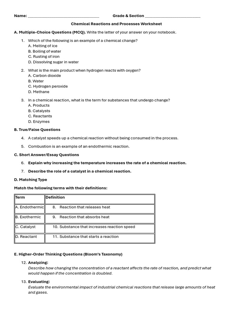 Chemical Reactions Worksheet for Students | PDF
