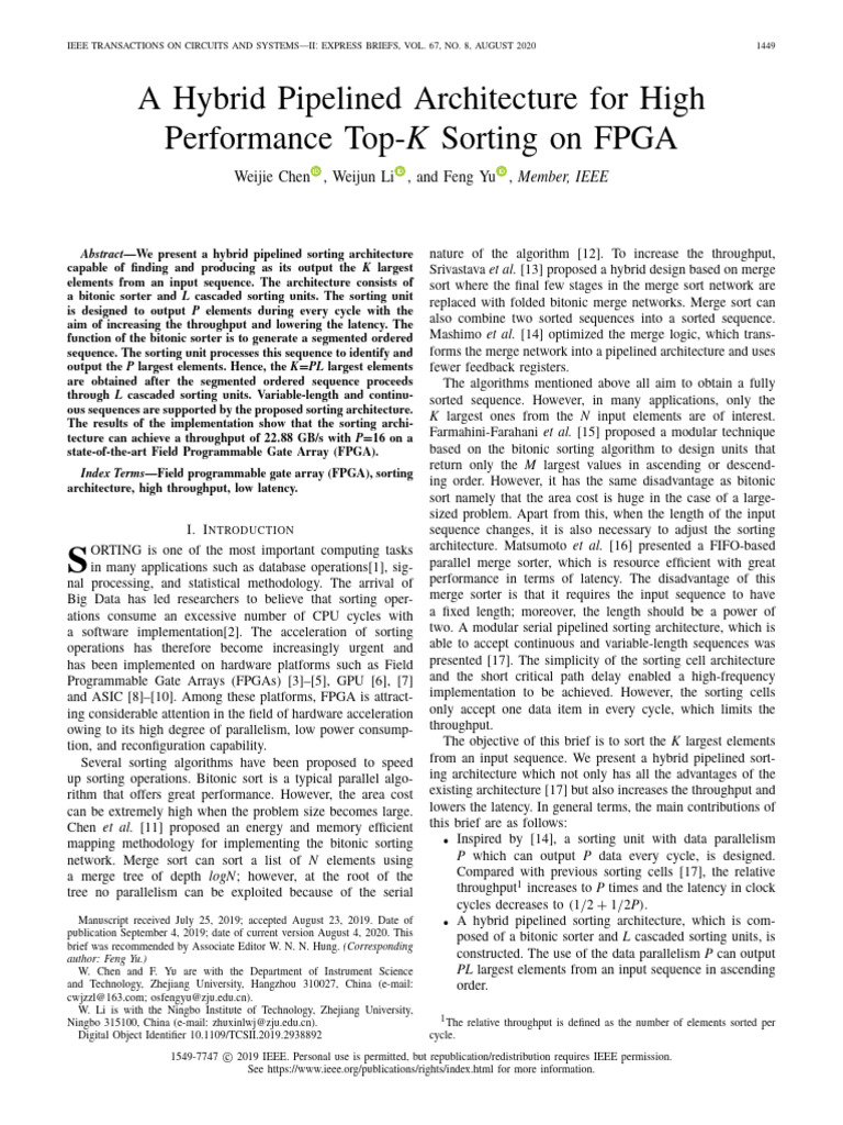 A Hybrid Pipelined Architecture For High Performance Top-K Sorting On FPGA | PDF | Field ...