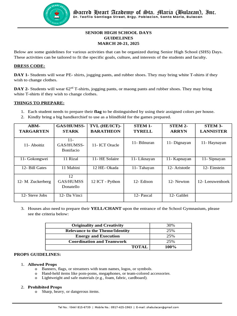SHS Days Guidelines and Tasking | PDF