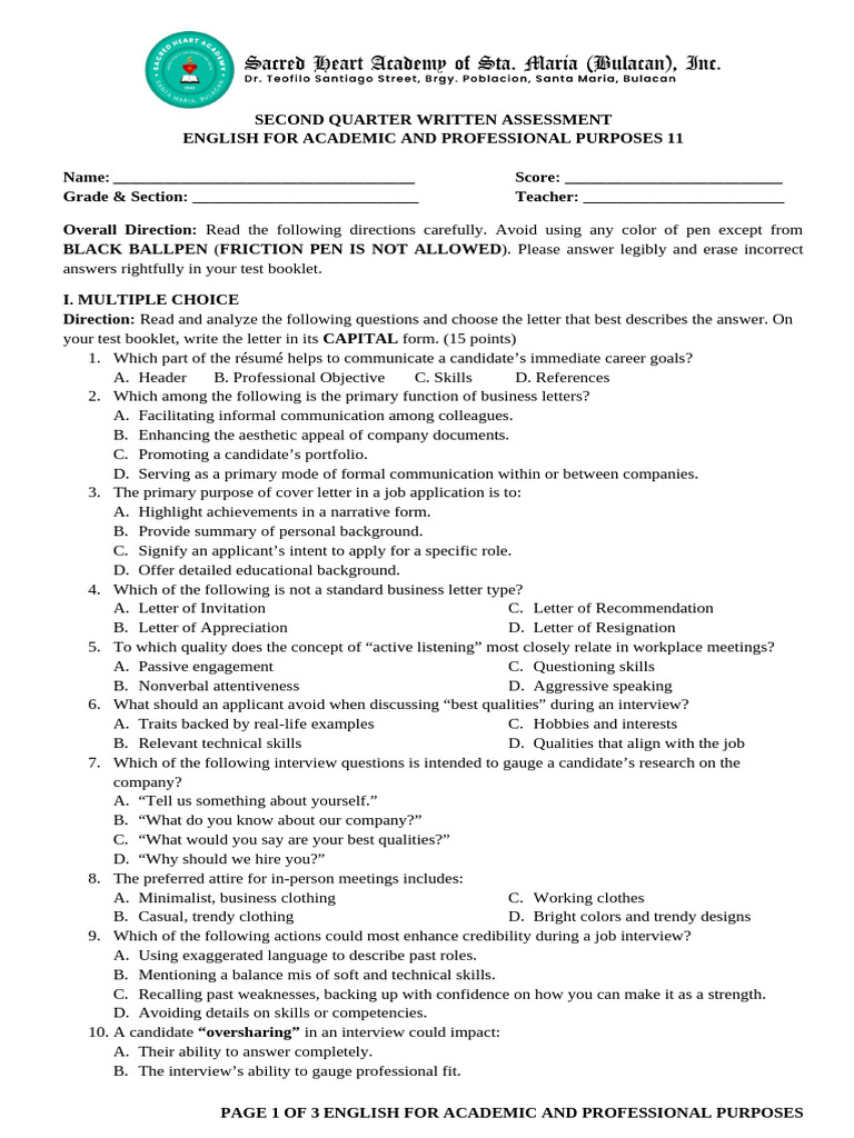 Eapp Second Quarter Written Assessment Actual Test Questionnaire | PDF ...