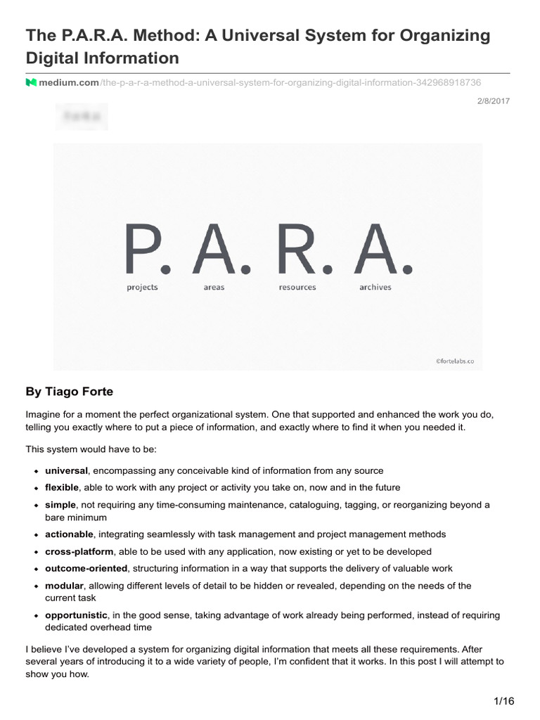 Unit 02 - Readings - The PARA Method A Universal System For Organizing ...