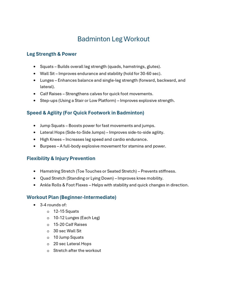 Badminton Leg Strength Training Guide | PDF