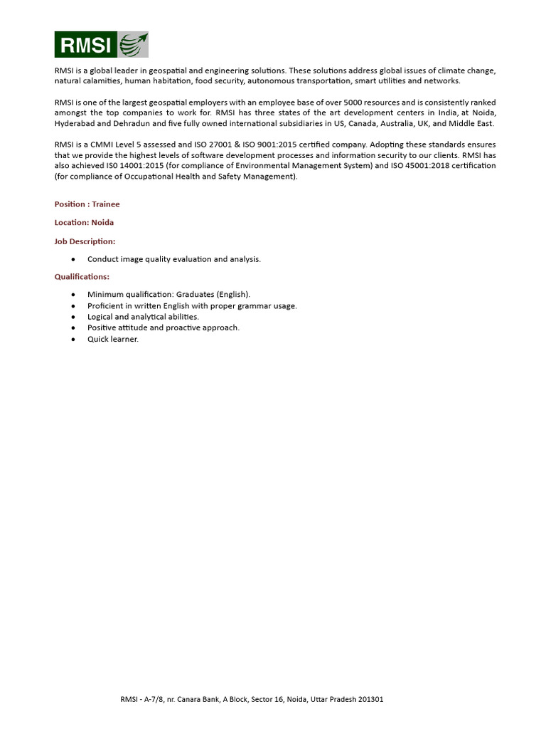 JD - Image Analysis Trainee | PDF