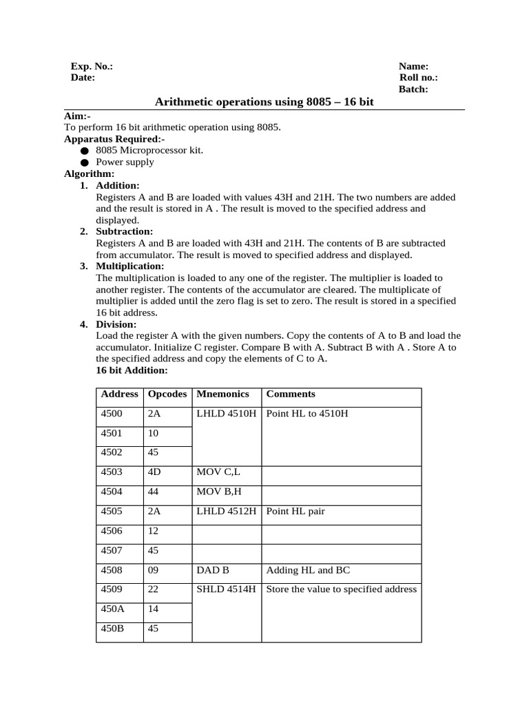 Arithmetic Operation Using 8085-1 | PDF | Integrated Circuit | Computer Science