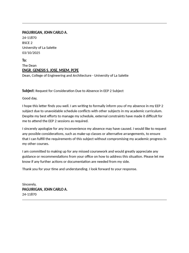 Request for Absence Consideration | PDF