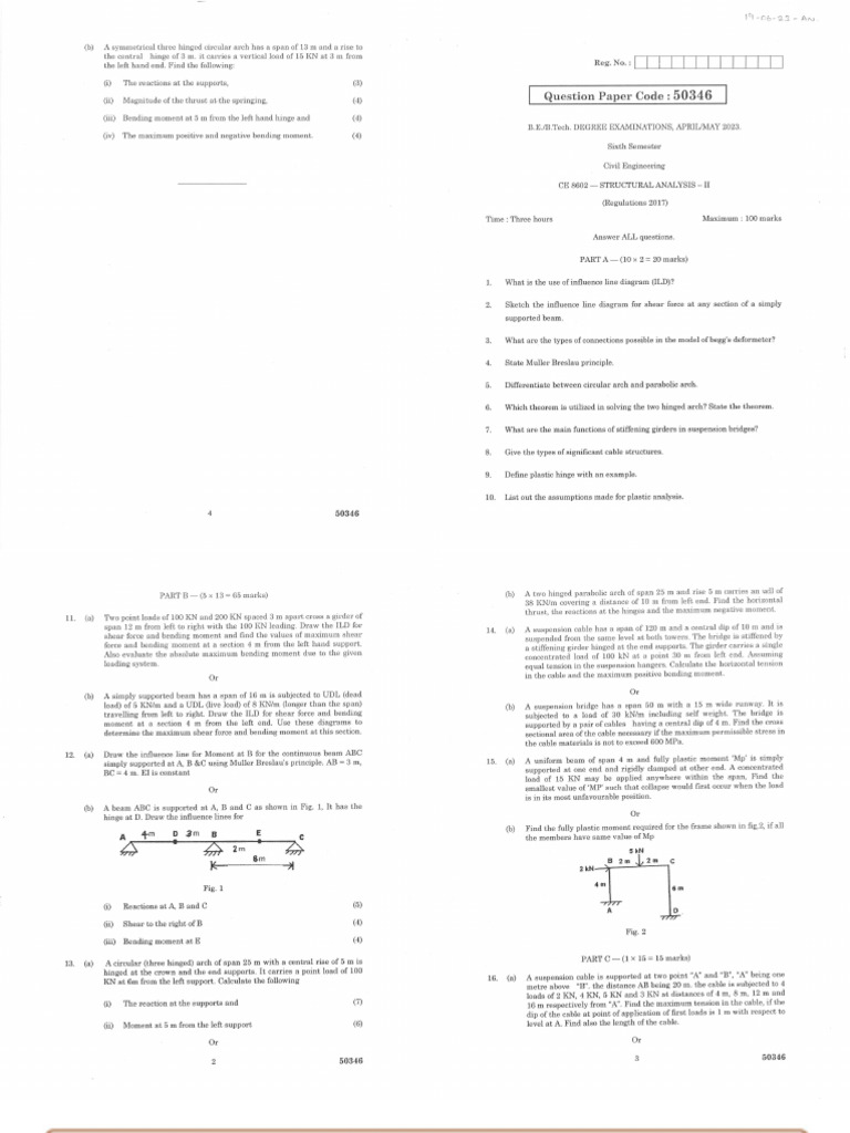 Structural Analysis II - CE8602 2017 Regulation - Question Paper 2023 ...