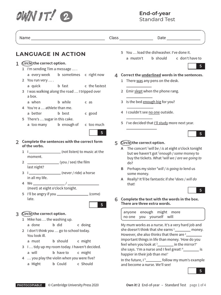 End of Year Test Standard Without Answers | PDF