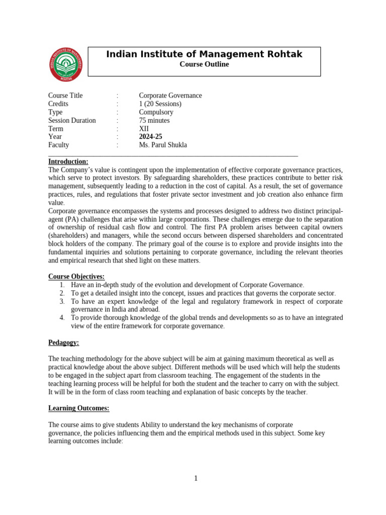 Course Outline Corporate Governance | PDF | Governance | Corporate ...