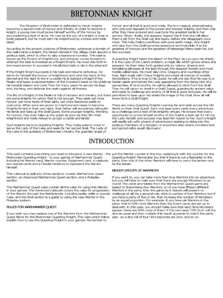 Warhammer Quest Bretonnian Knight (1995) | PDF