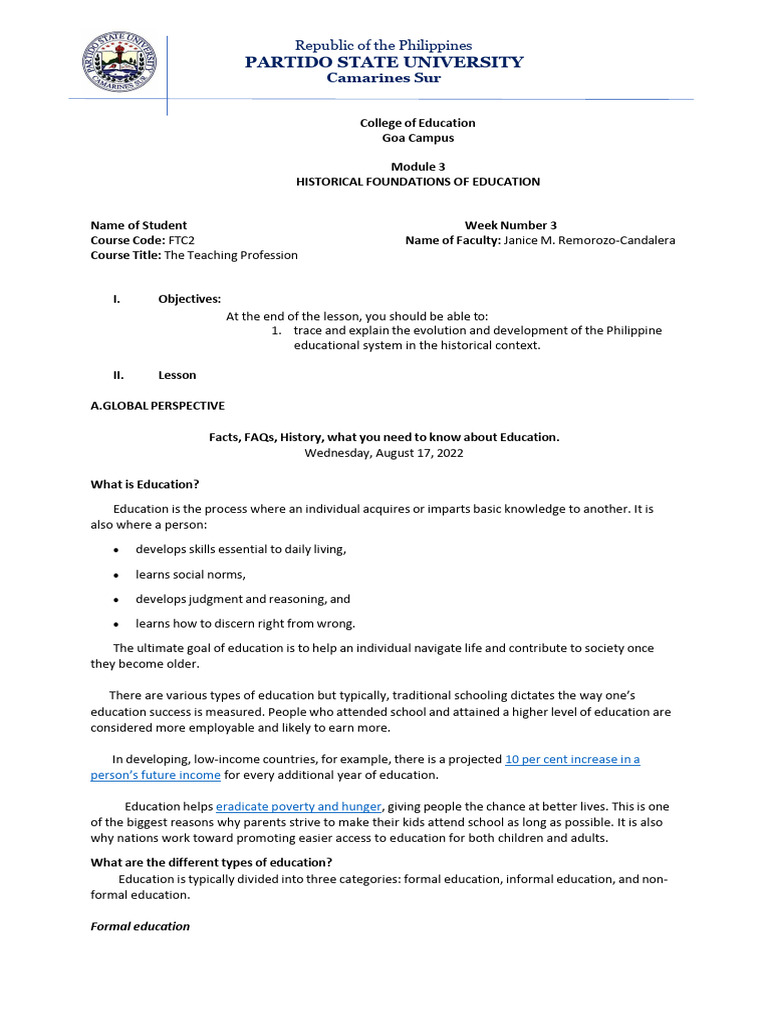 FTC2 - Week 3-Historical Foundations of Education | PDF | Literacy ...