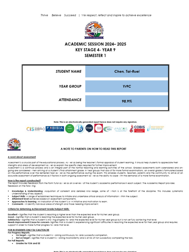 Tai-Ruei Chen - Year 9 - Semester 1 (December 2024-25) | PDF | Learning | Critical Thinking