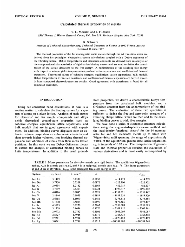 (1988 Moruzzi, PRB) Calculated Thermal Properties of Metals | PDF ...