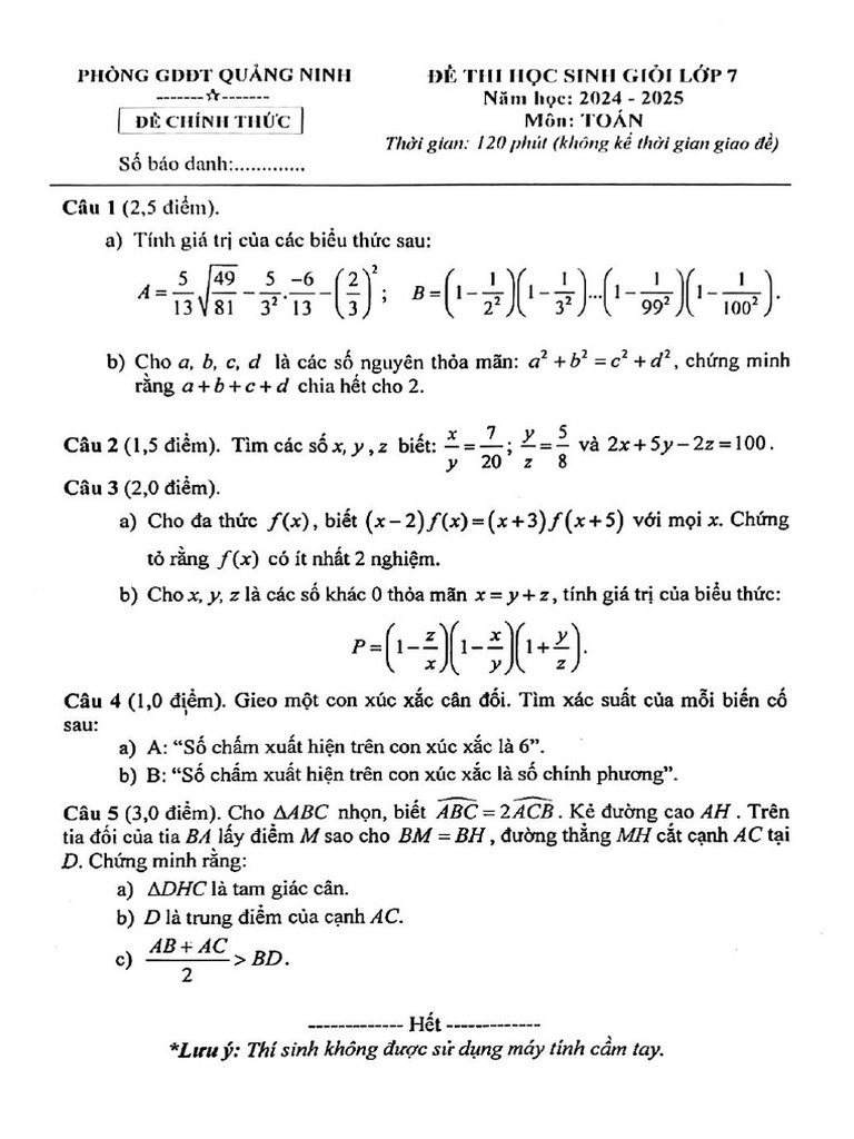 De Thi Hoc Sinh Gioi Toan 7 Nam 2024 2025 Phong GDDT Quang Ninh Quang Binh | PDF