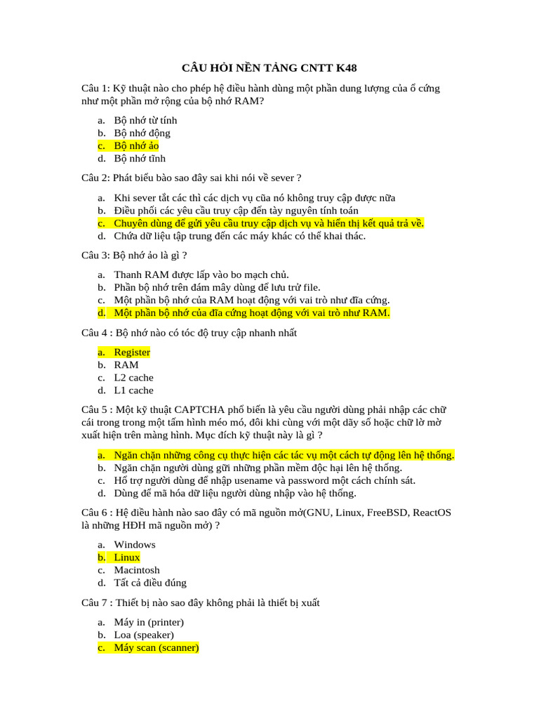 Câu hỏi nền tảng CNTT K48 | PDF