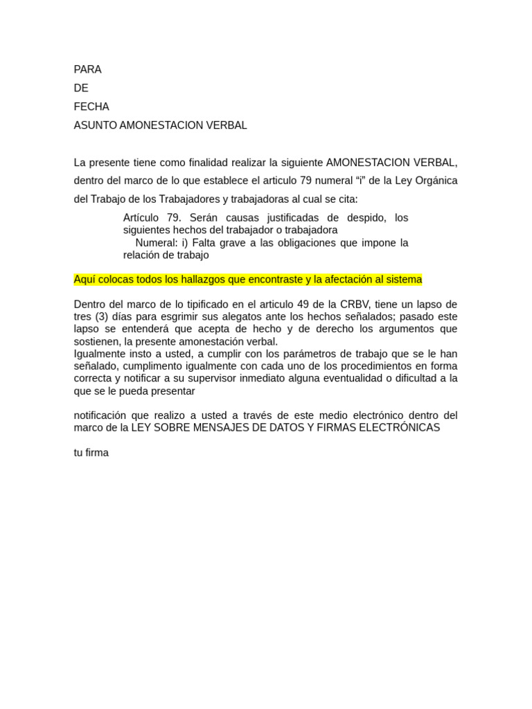 Amonestación Verbal Laboral | PDF