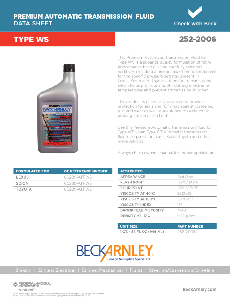 ATF Type WS Data Sheet - 031218 | PDF | Automotive Technologies | Vehicles