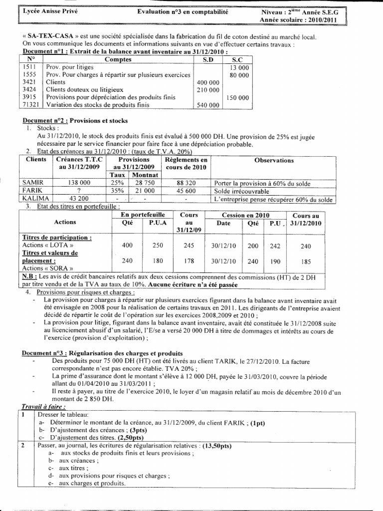 Devoir 3 Modele 5 Comptabilite 2 Bac Eco Semestre 1 | PDF