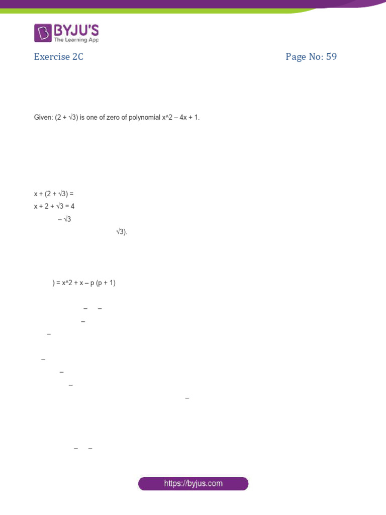 RS Aggarwal Solution Class 10 Maths Chapter 2 Polynomials Exercise 2C | PDF | Polynomial | Zero ...