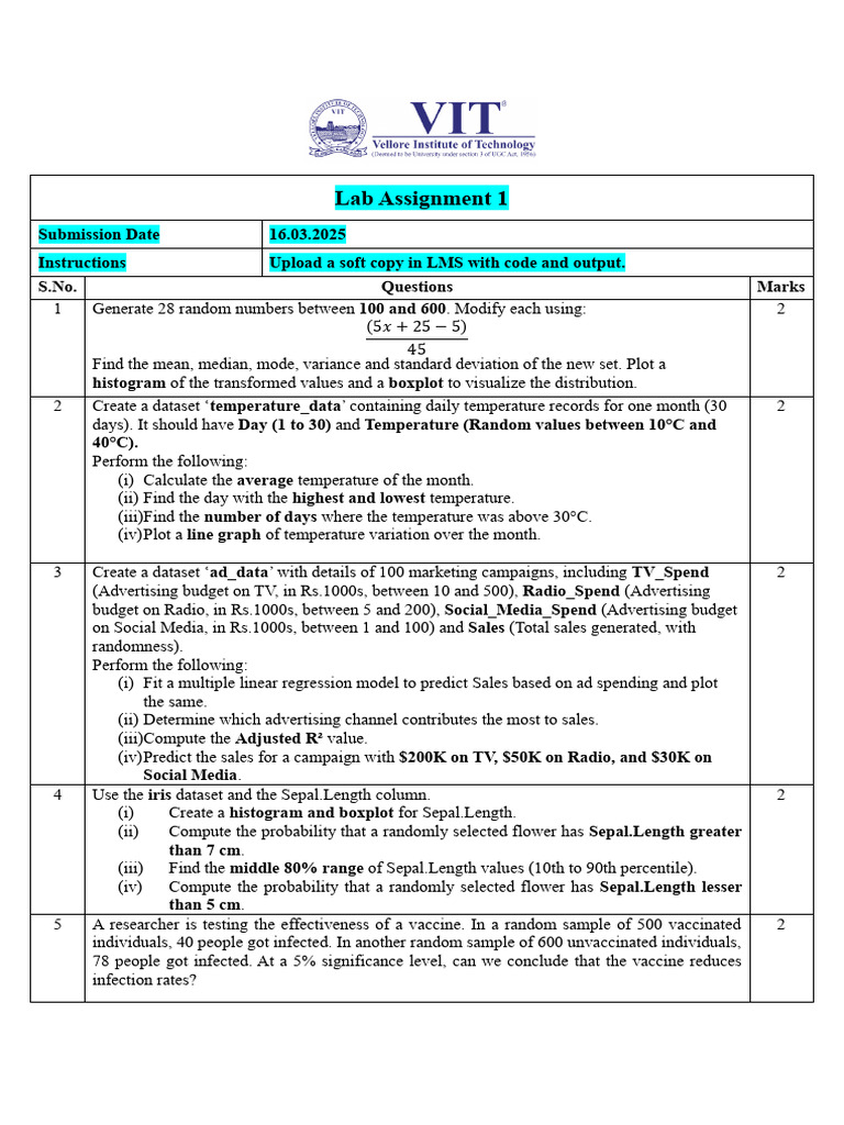 Lab Assignment 1 - AarthyB | PDF | Applied Mathematics | Statistical Theory