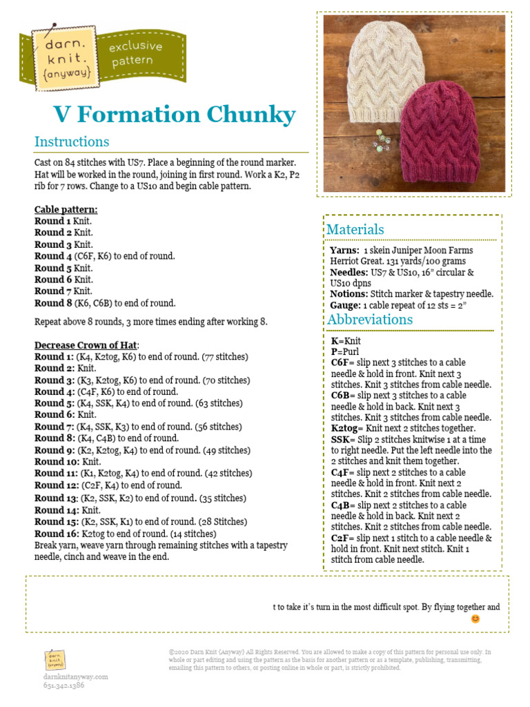V Formation Chunky Hat Knitting Pattern | PDF | Knitting | Fibers