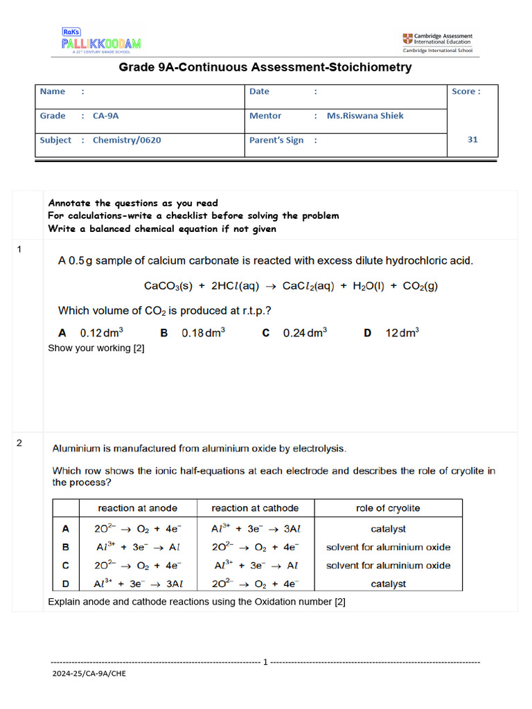 Grade 9A Chemistry Assessment Guide | PDF | Chemistry | Applied And ...
