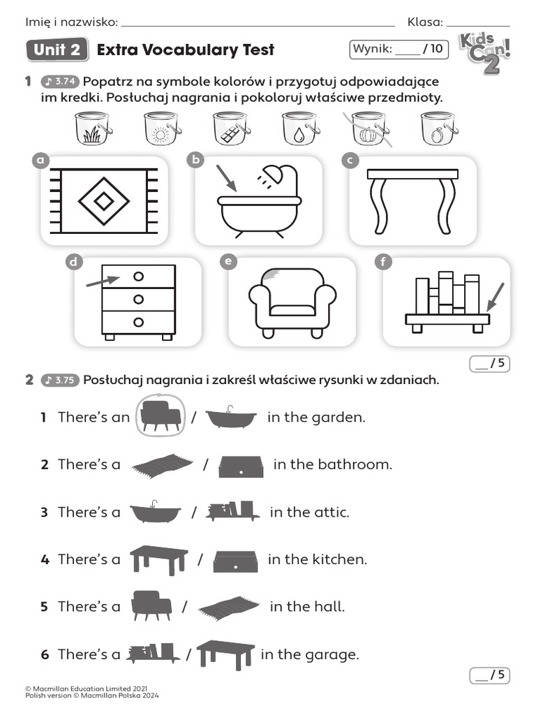 Kids Can 2 - Extra Vocabulary Test - Unit 2 | PDF
