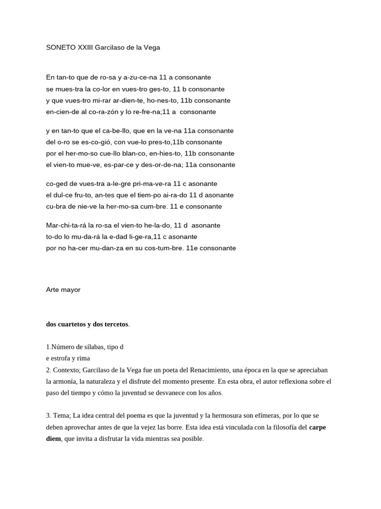 Comentario del Soneto XXIII de Garcilaso de la Vega ( Renacimiento ...