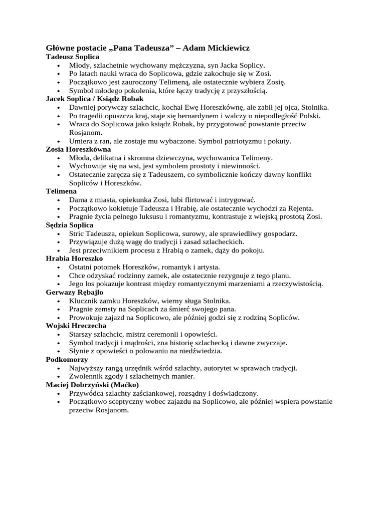 Opisy Postaci Pan Tadeusz | PDF
