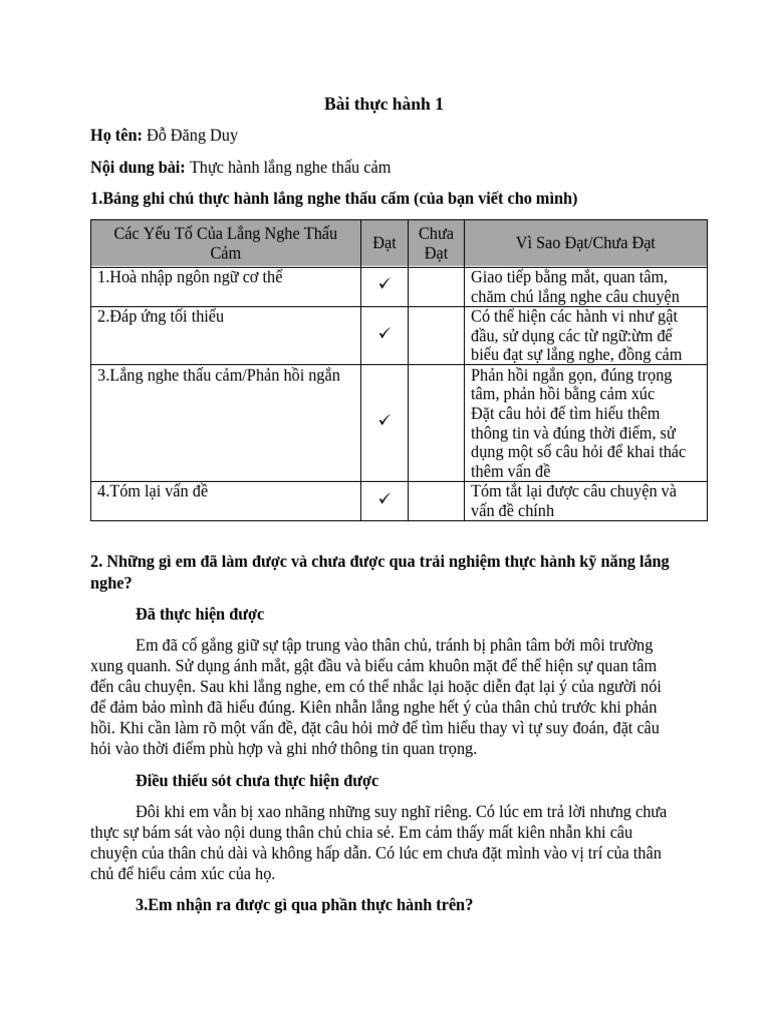 Bài TH1 Lắng nghe thấu cảm - ĐỖ ĐĂNG DUY | PDF