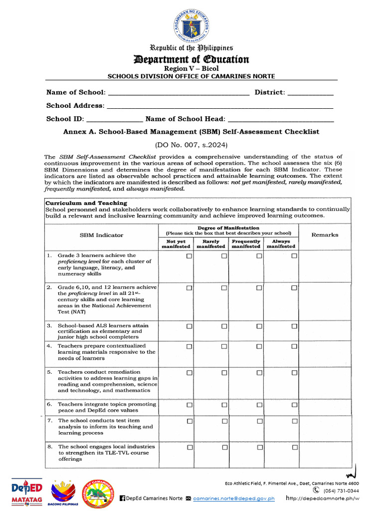 SBM Self-Assessment Checklist 2024 | PDF