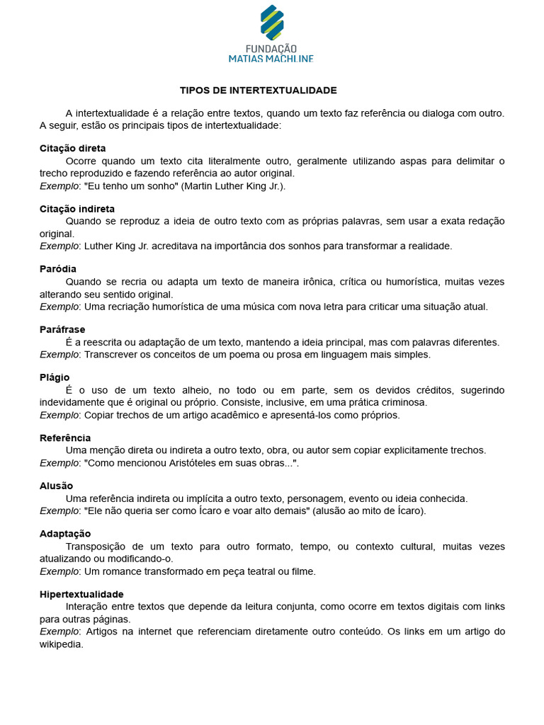 TIPOS DE INTERTEXTUALIDADE | PDF