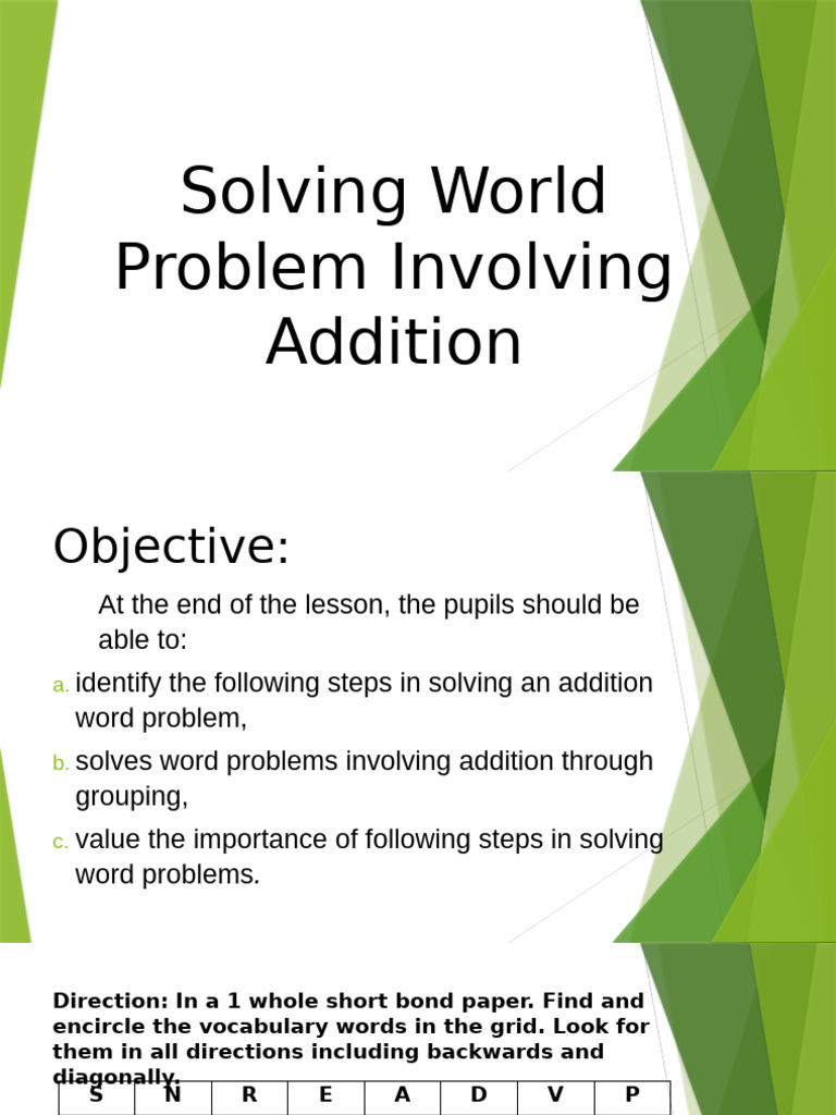 Solving World Problem Involving Addition | PDF | Mathematics