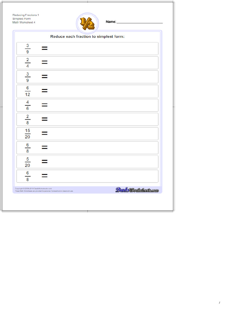 Math Worksheets - Reducing Fractions - Reducing Fractions - Reducing ...