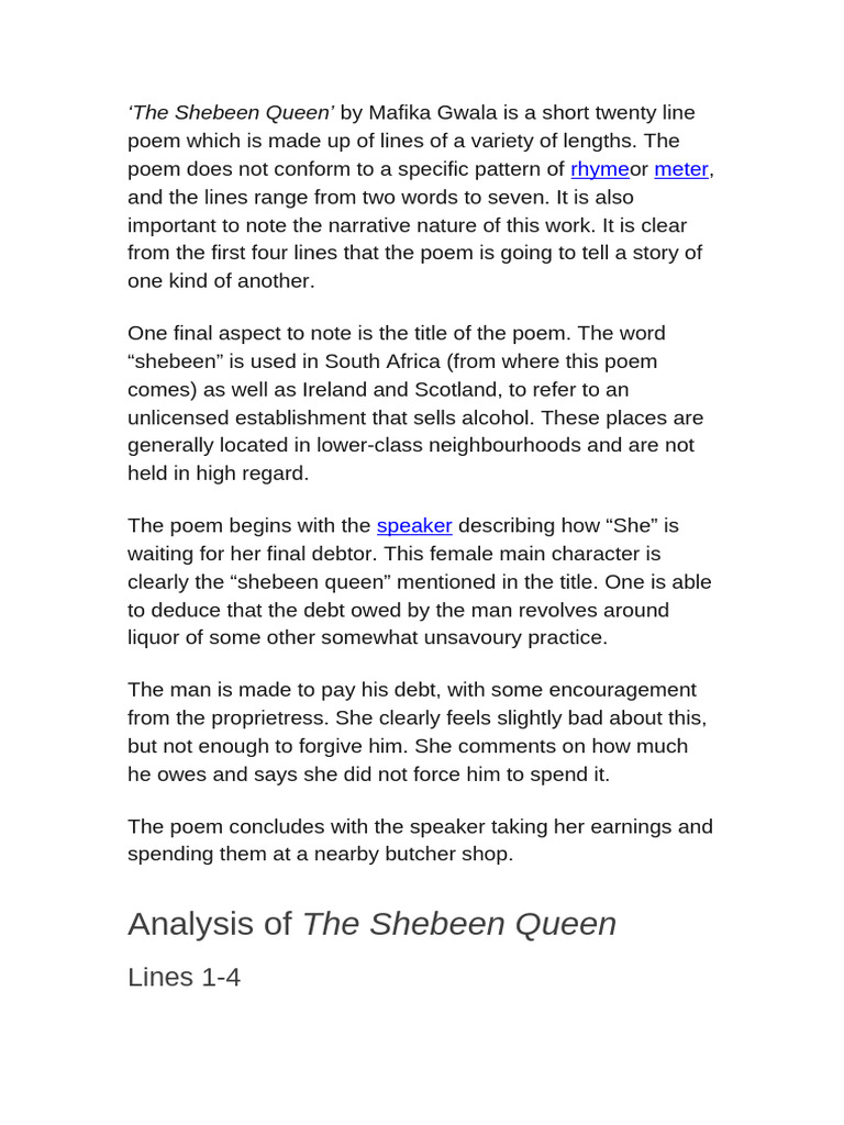 The Shebeen Queen' by Mafika Gwala Is A Short Twenty Line Poem Which Is ...