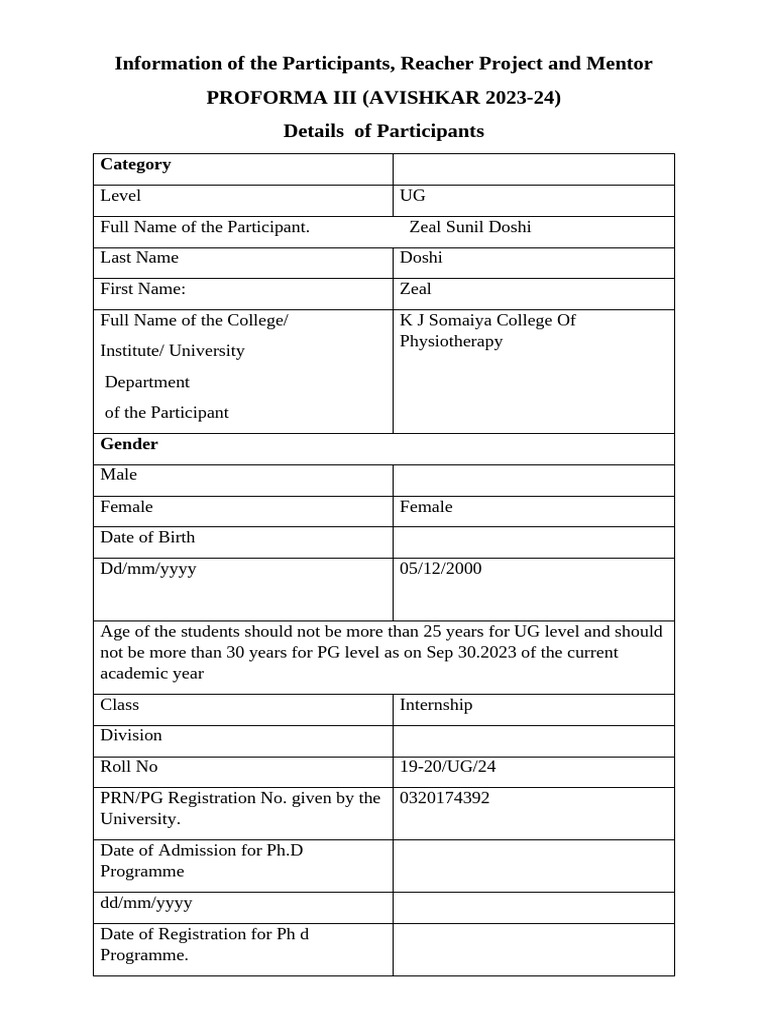 Avishkar Performa Form - ug.PG - PPG | PDF | Abnormal Psychology ...