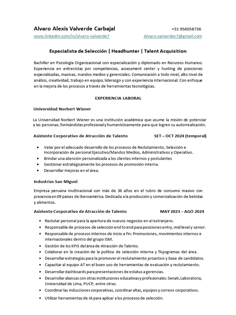 CV - Alvaro Valverde Pro 2024 | PDF | Gestión de recursos humanos | Reclutamiento