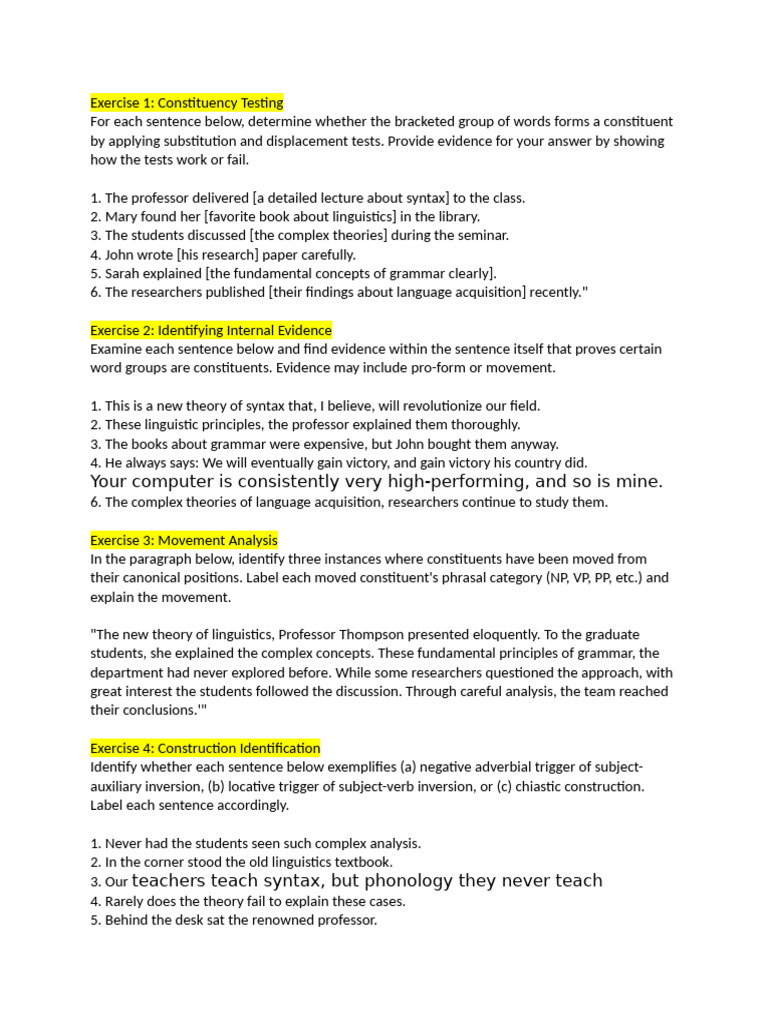 Exercises on substitution and displacement | PDF | Syntax | Phrase