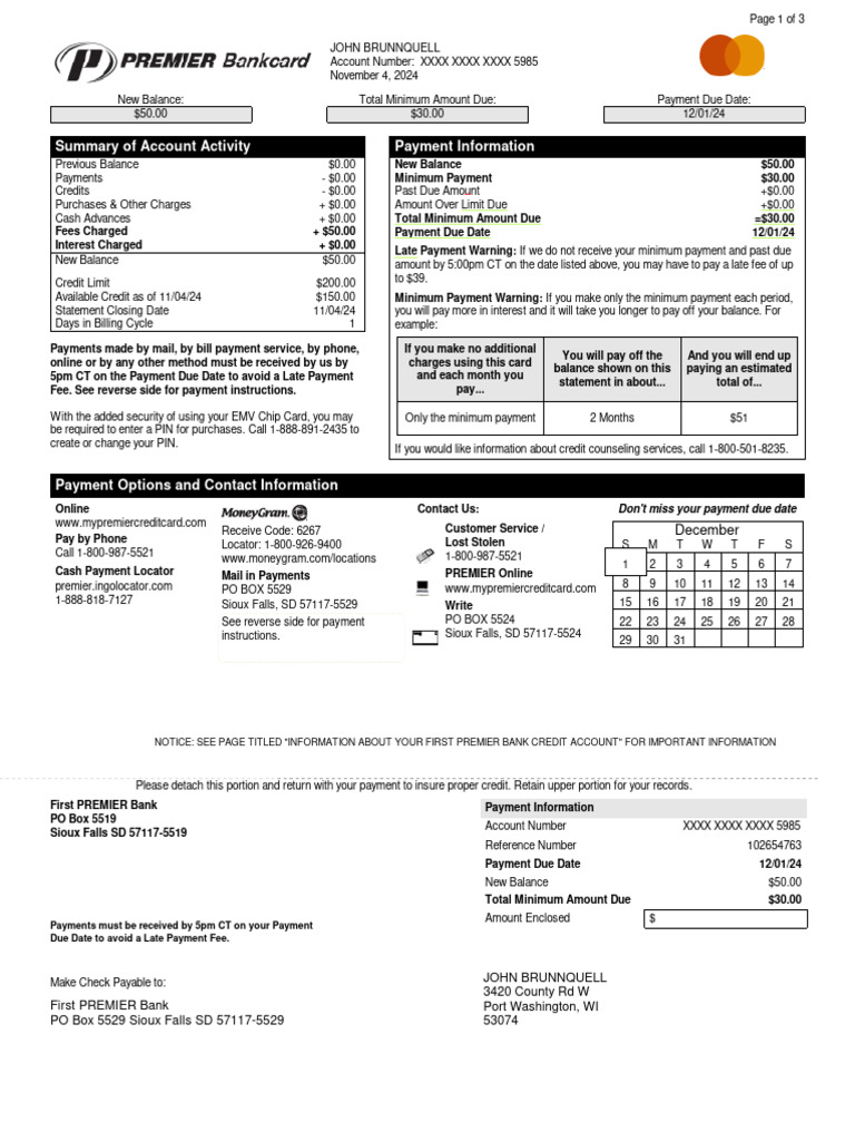 Premier Bank Statement 1 | PDF | Credit Card | Annual Percentage Rate