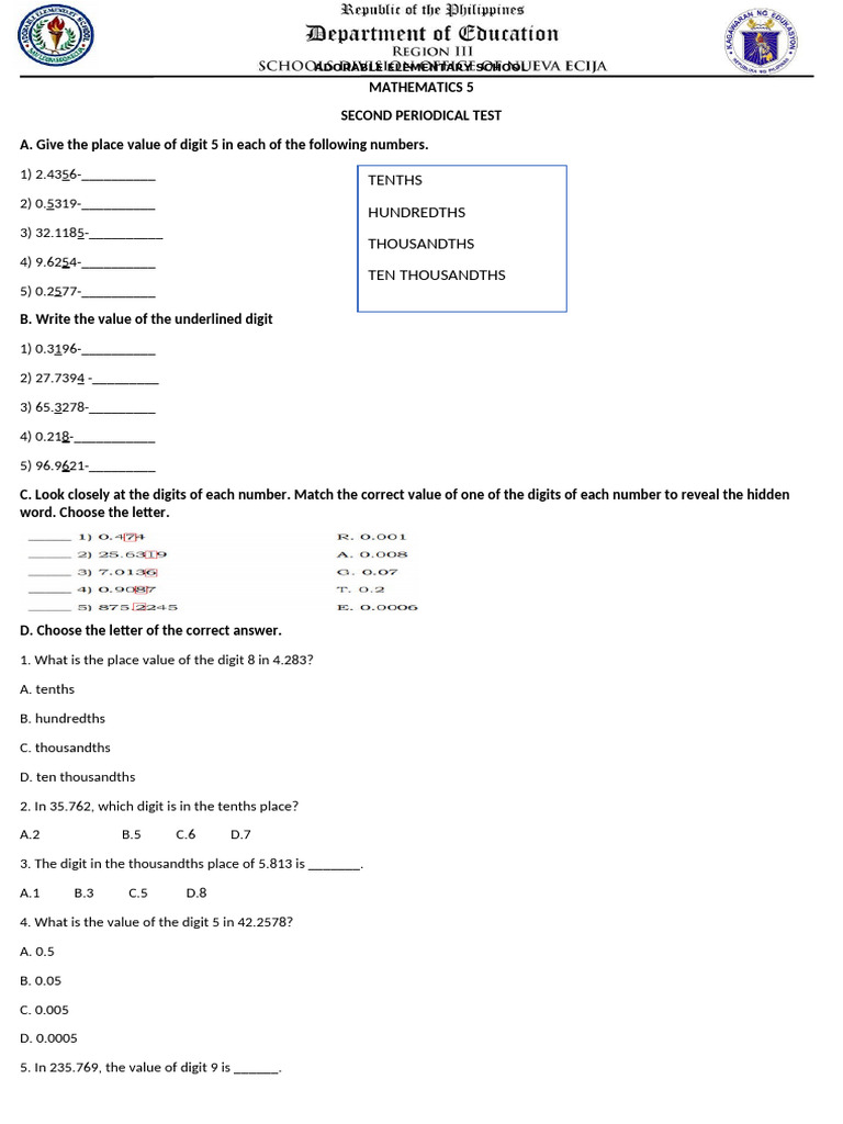 2ND QUARTER TEST MATH | PDF | Numbers | Mathematics