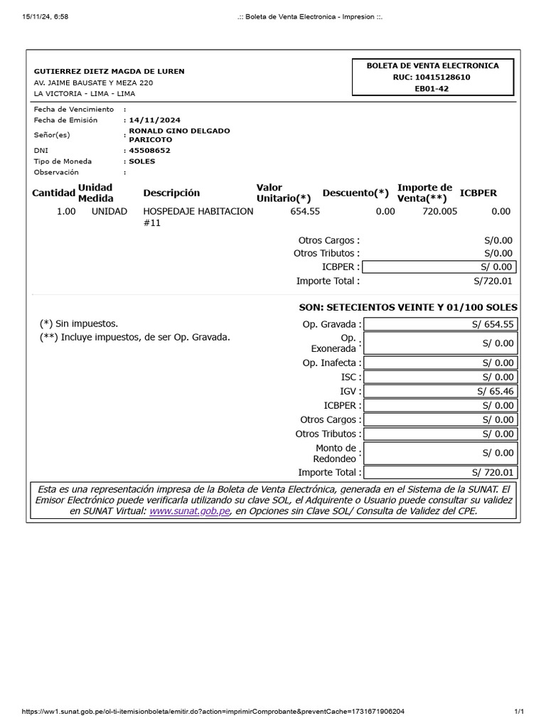 Boleta de Venta Electronica - EB01-42 MAGDA G. | PDF