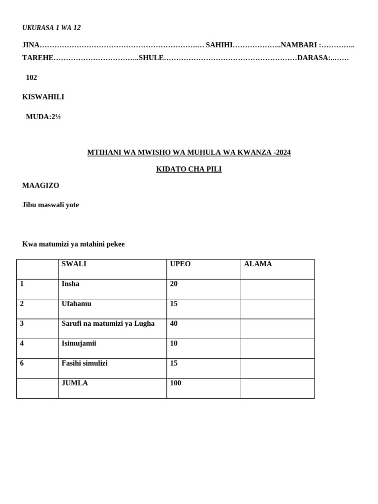 KISWAHILI-F2T1-2024-QS-TEACHER.CO_.KE_ | PDF